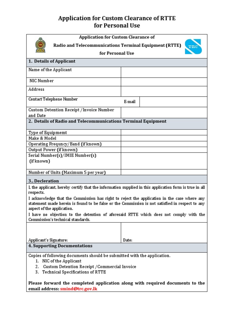 Application For Custom Clearance of RTTE For Personal Use: Smind@trc ...