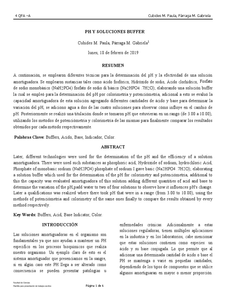 Informe Numero 1 Bioquimica | PDF | Solución tampón | Ph