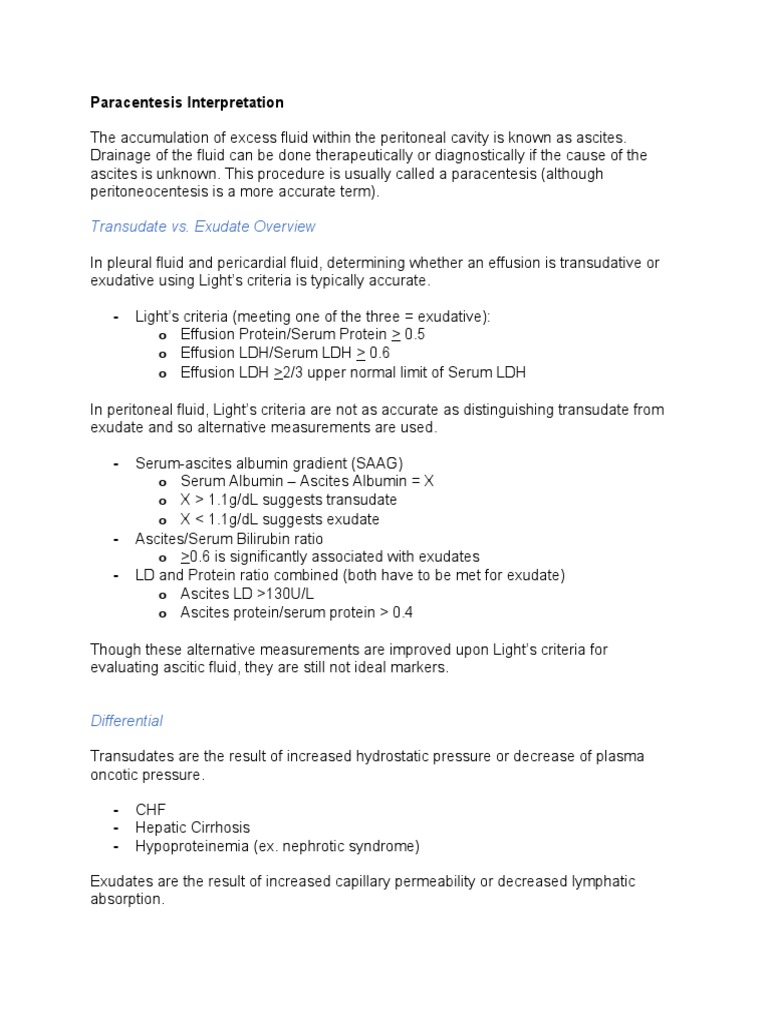 Transudate vs. Exudate Overview | PDF | Clinical Medicine | Diseases ...