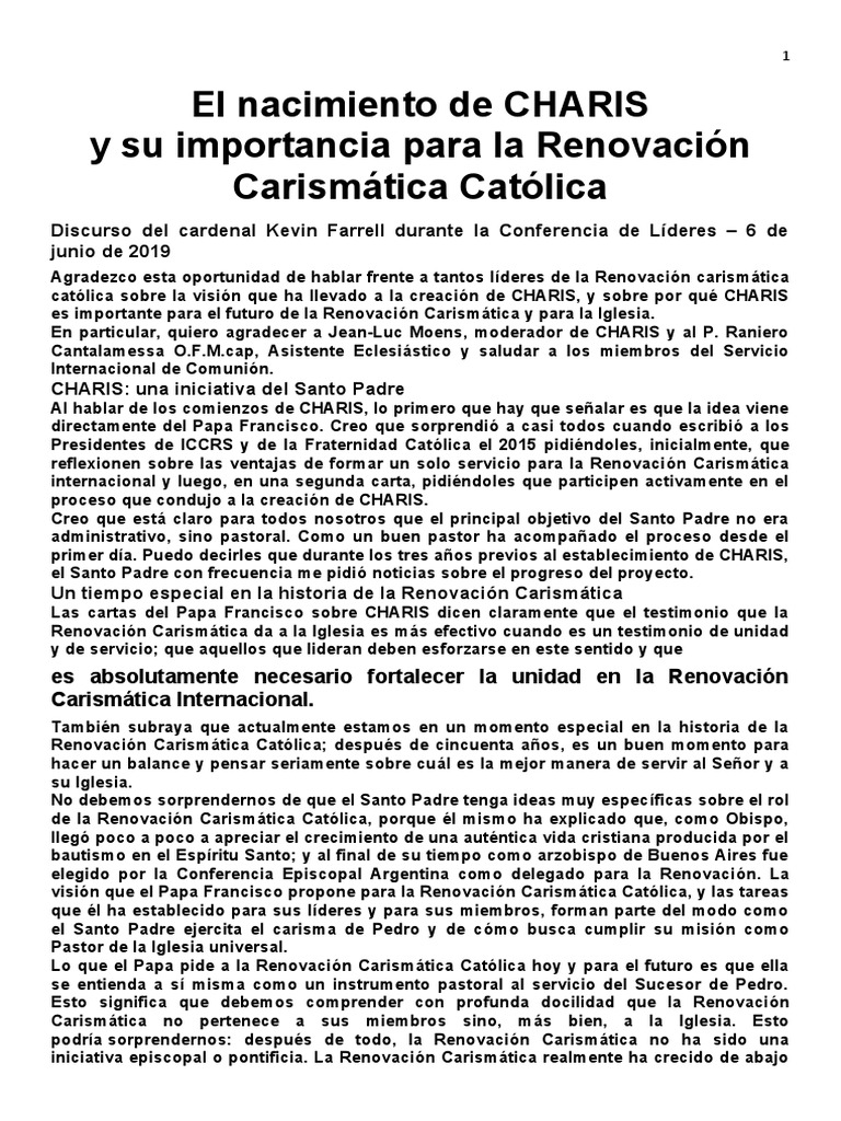 El Nacimiento de CHARIS | PDF | Iglesia Católica | Carisma