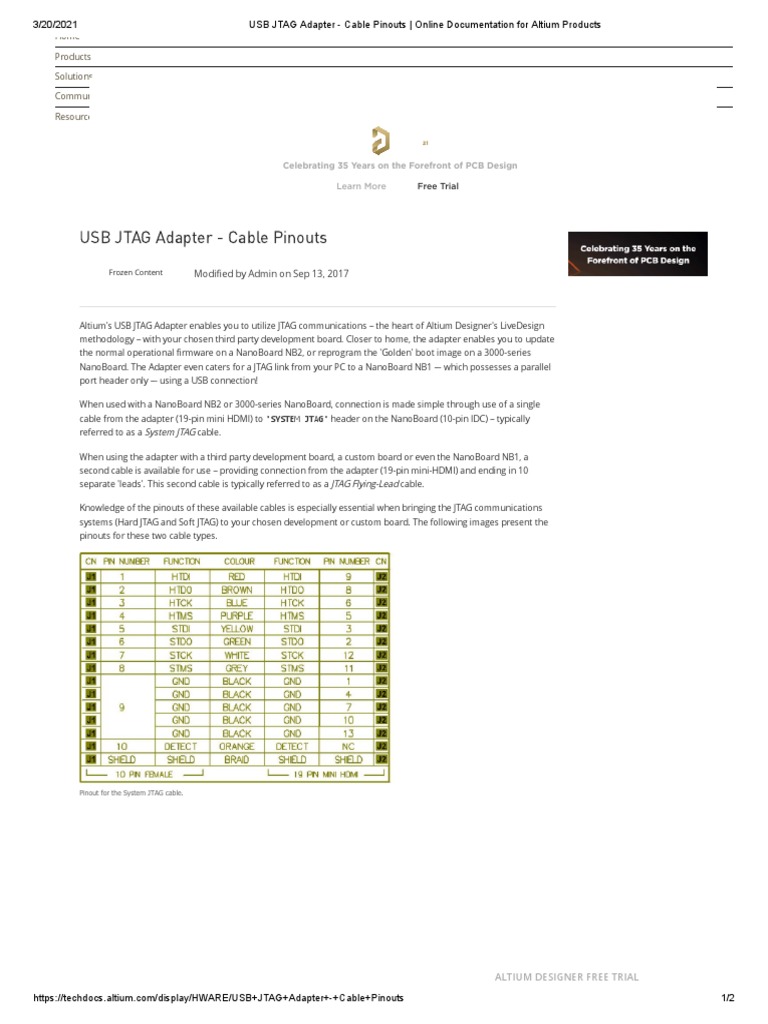 USB JTAG Adapter - Cable Pinouts - Online Documentation For Altium ...
