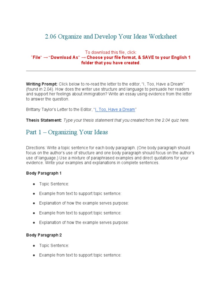 2.06 Organize and Develop Your Ideas Worksheet | PDF | Language Arts ...