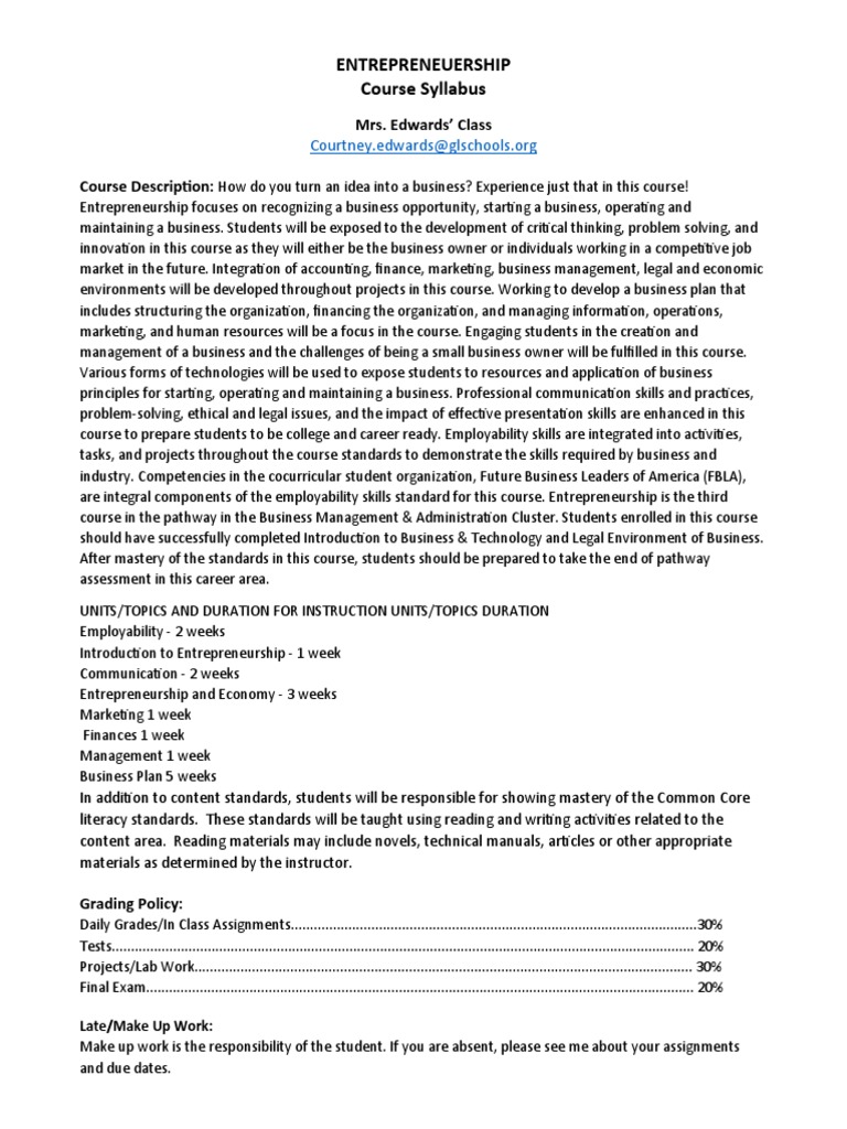 Entrepreneurship Course Syllabus | PDF | Entrepreneurship | Business