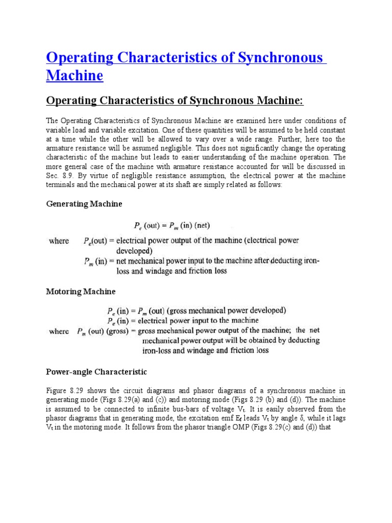 Operating Characteristics Of Synchronous Machine Pdf Electric Motor