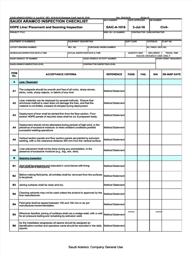 Inspection Checklist for HDPE Liner Placement and Seaming on a Civil ...