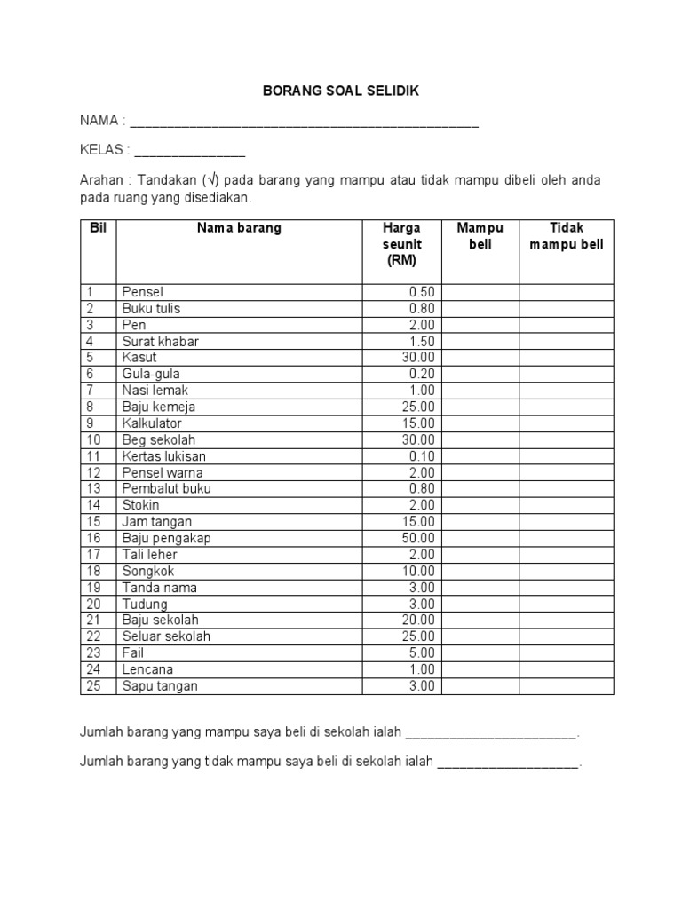 BORANG SOAL SELIDIK Barang Jualan Tahun 4 | PDF