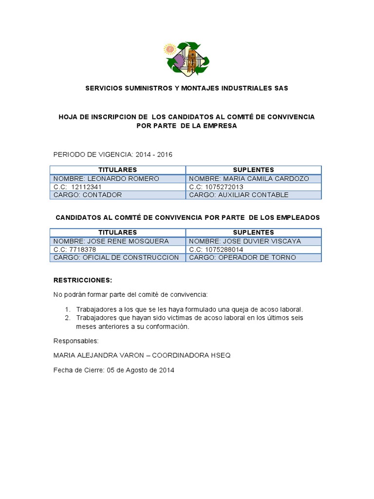Hoja de Inscripcion de Los Candidatos Al Comité de Convivencia Cpven ...