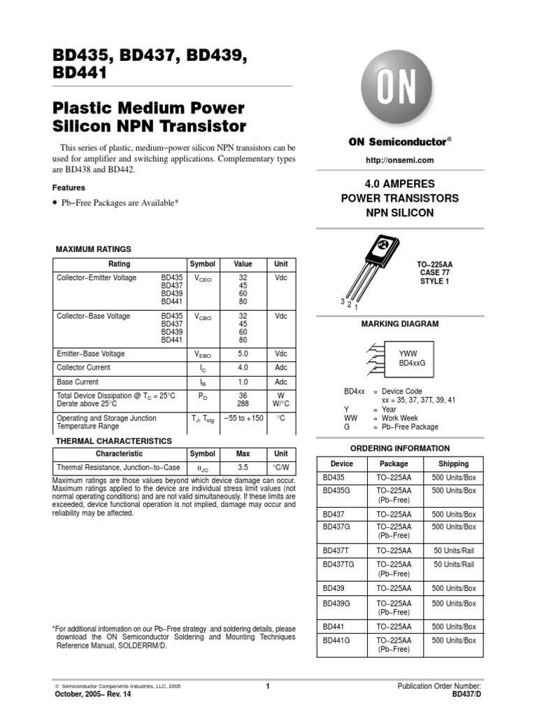 BD435, BD437, BD439, BD441 Plastic Medium Power Silicon NPN Transistor ...
