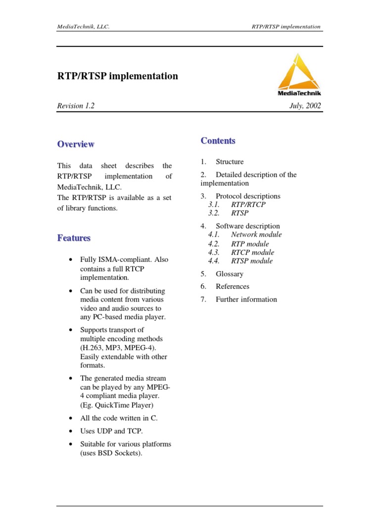 RTP RTSP Productsheet | PDF | Network Architecture | Computer Network