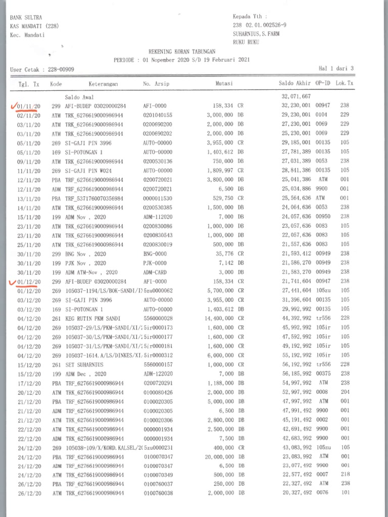 Rekening Koran Bank BPD Suharnius | PDF
