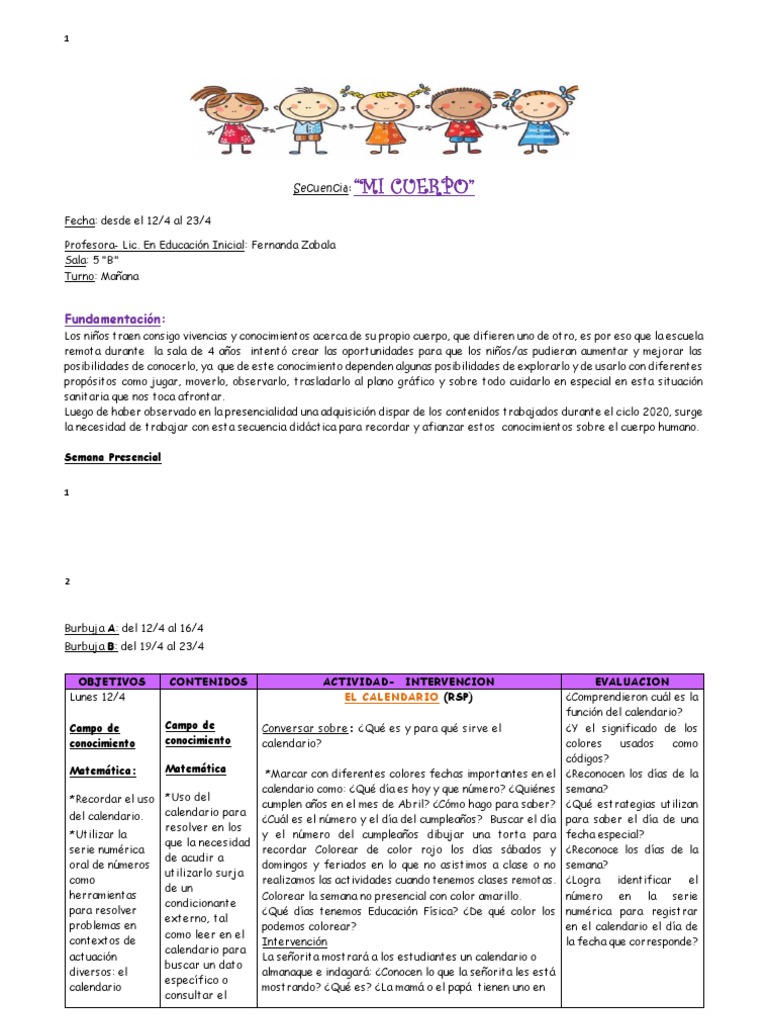 2 - Secuencia MI CUERPO | PDF | Calendario | Conocimiento