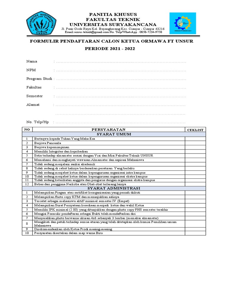 Formulir Pendaftaran Calon Ketua Ormawa FT Unsur | PDF