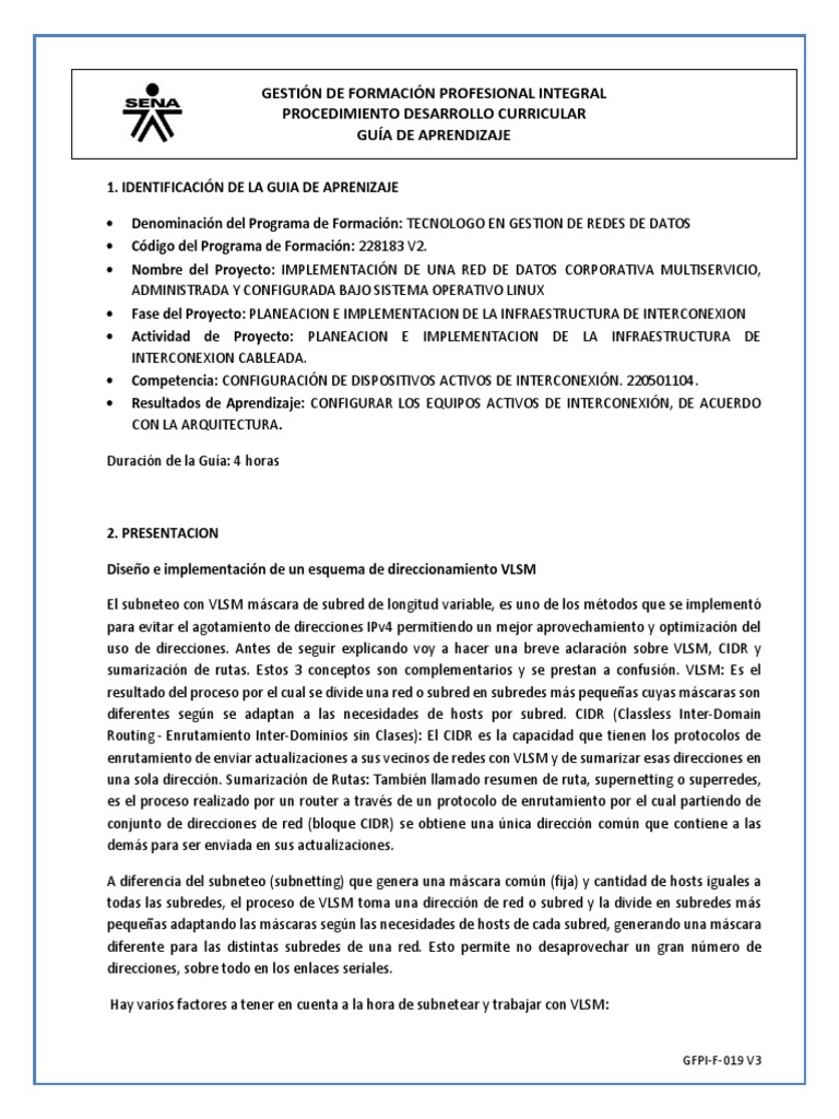 Guia4 - Diseño e Implementación de Un Esquema de Direccionamiento VLSM | PDF | Dirección IP ...