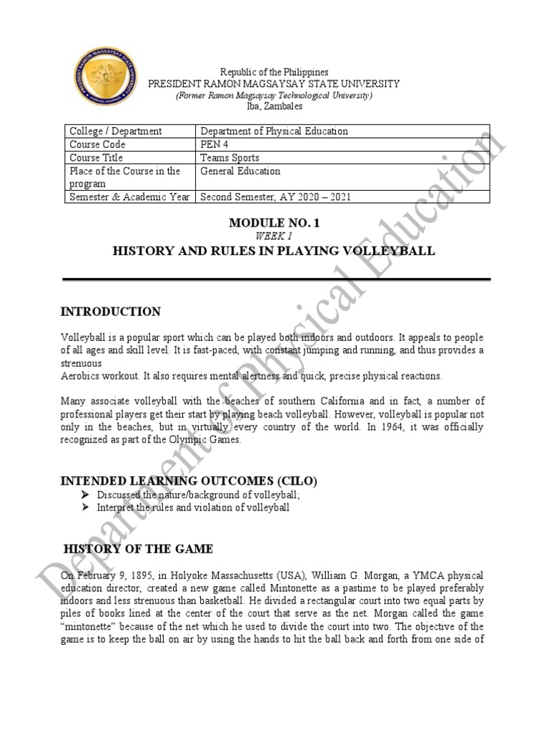 History and Rules in Playing Volleyball: Module No. 1 | PDF ...