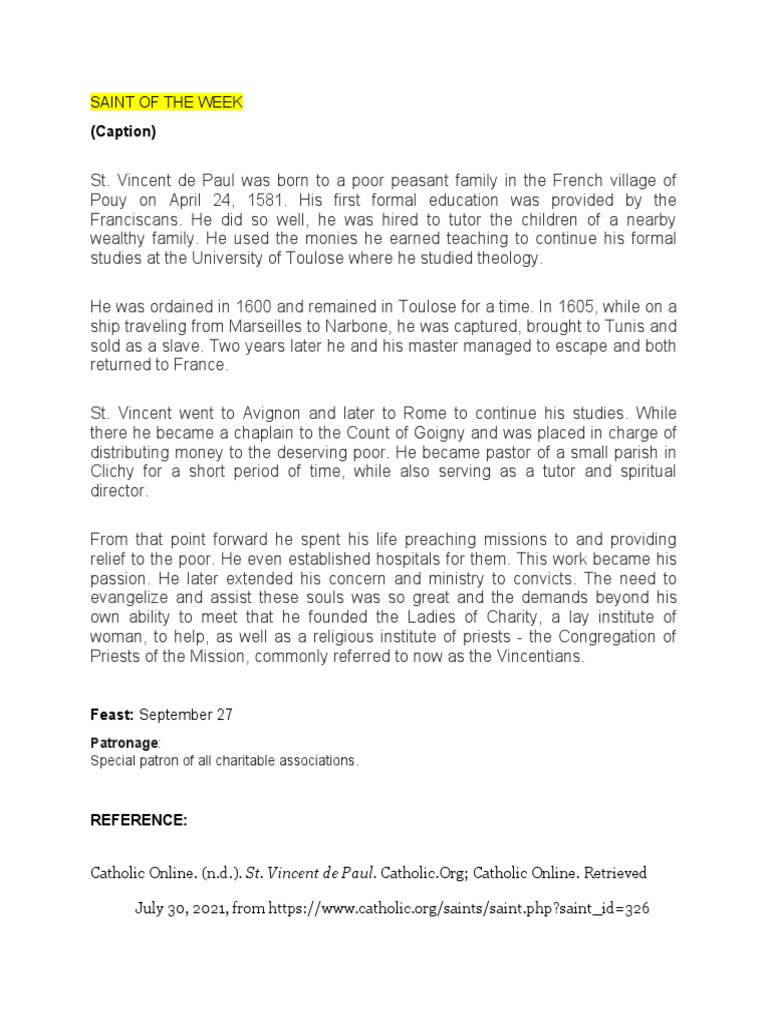 SAINT VINCENT DE PAUL - August 2 | PDF