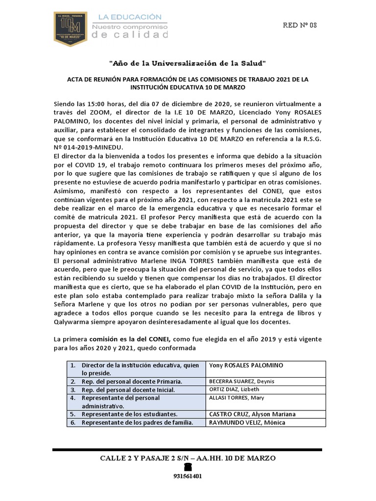 Acta Comisiones 2021 Ie 10 de Marzo Terminado | PDF | Evaluación | Maestros