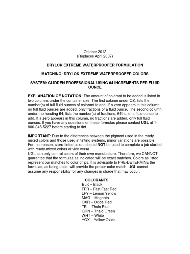 Drylok Extreme Waterproofer Formulation and Color Matching Guide ...