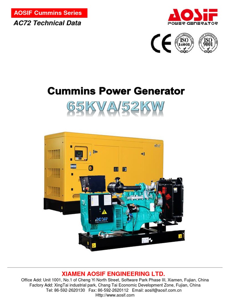 AC72 Technical Data: AOSIF Cummins Series | PDF | Engines | Electric Generator