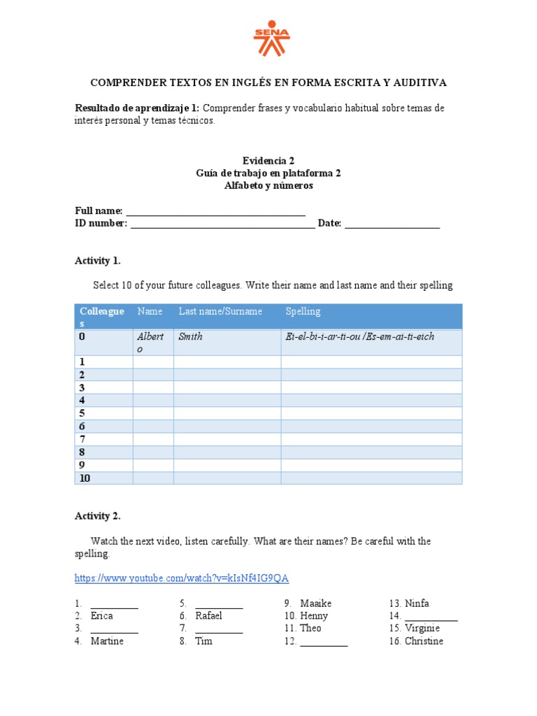Colleague S: Name Last Name/surname Spelling | PDF | Games & Activities ...