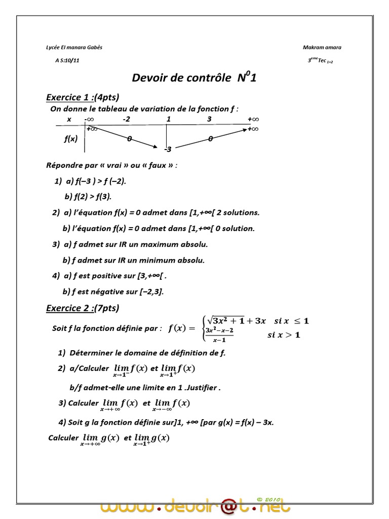 Devoir de contrôle N1 Math 3ème Tec | PDF | Méthodes et références ...