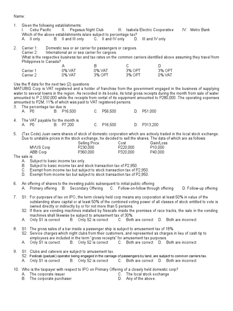 Review of Taxation Principles: Answers to Multiple Choice Questions on ...