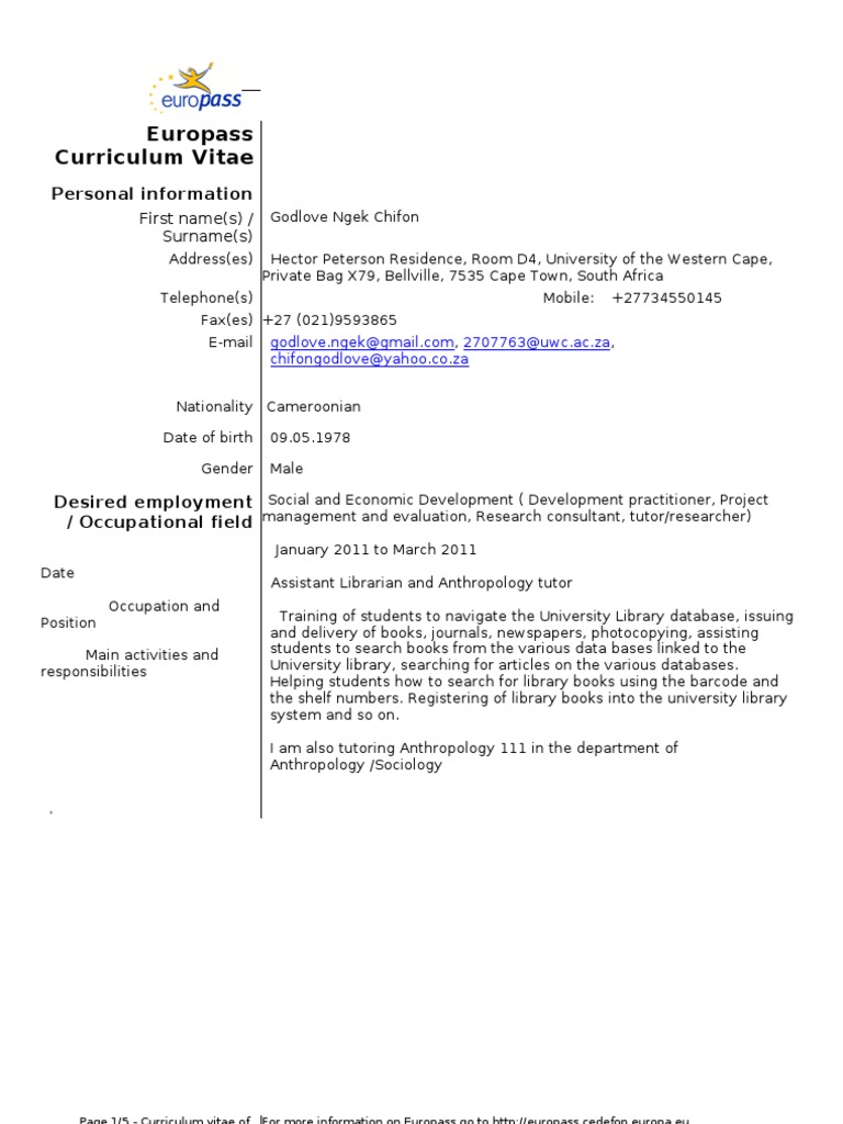 Europass Curriculum Vitae: Personal Information | PDF | Libraries ...