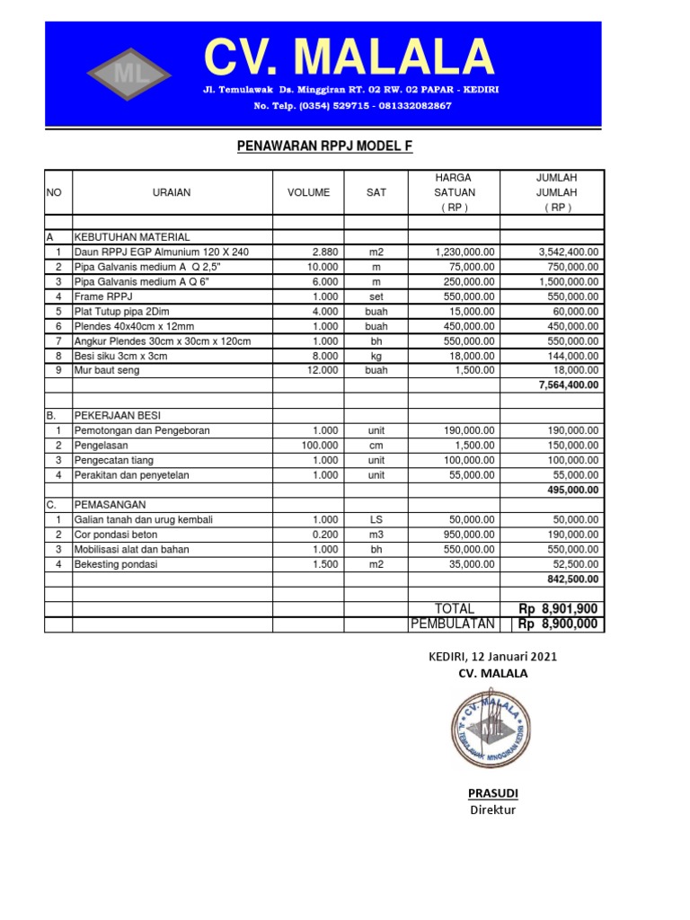 Penawaran RPPJ 120CM X 240CM RS - Mojowarno | PDF