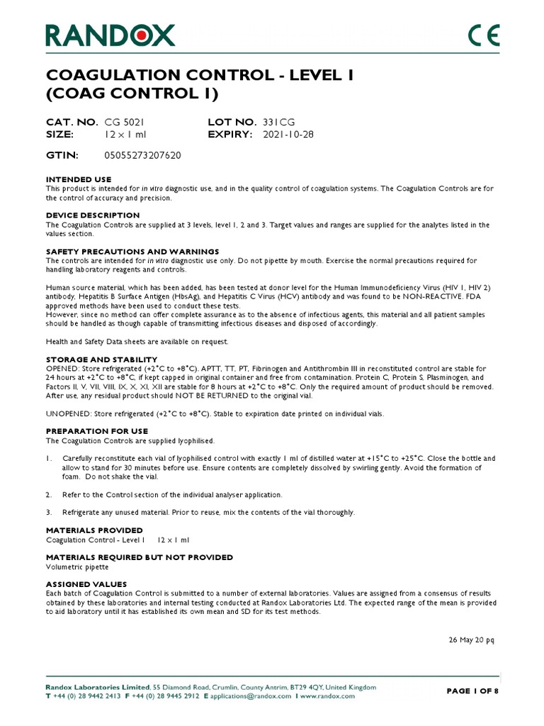 Coagulation Control - Level 1 (Coag Control 1) : CAT. NO. CG 5021 Lot No. 331Cg Size: EXPIRY ...