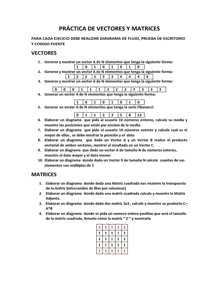 Práctica de Vectores y Matrices | PDF | Matriz (Matemáticas) | Vector ...