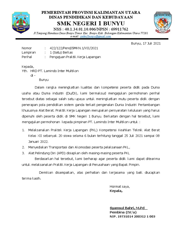 Contoh Surat Permohonan PKL | PDF