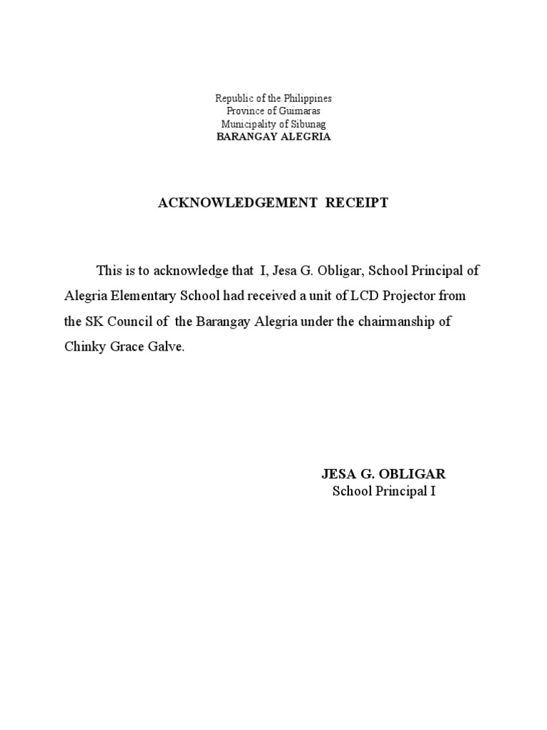 Acknowledgement Receipt: Republic of The Philippines Province of ...