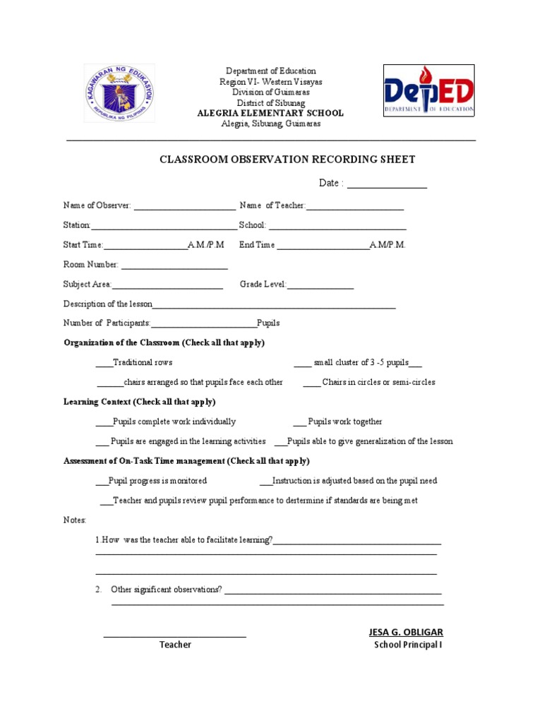Classroom Observation Recording Sheet | PDF | Classroom | Pedagogy