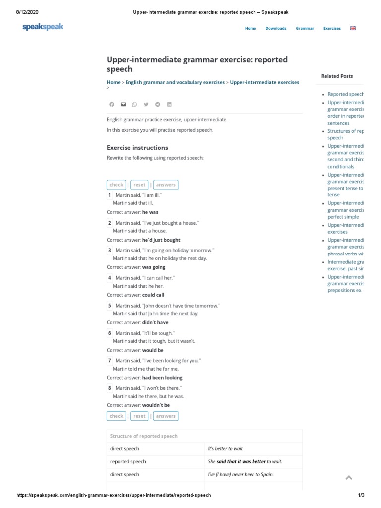 Upper Intermediate Grammar Exercise Reported Speech Speakspeak