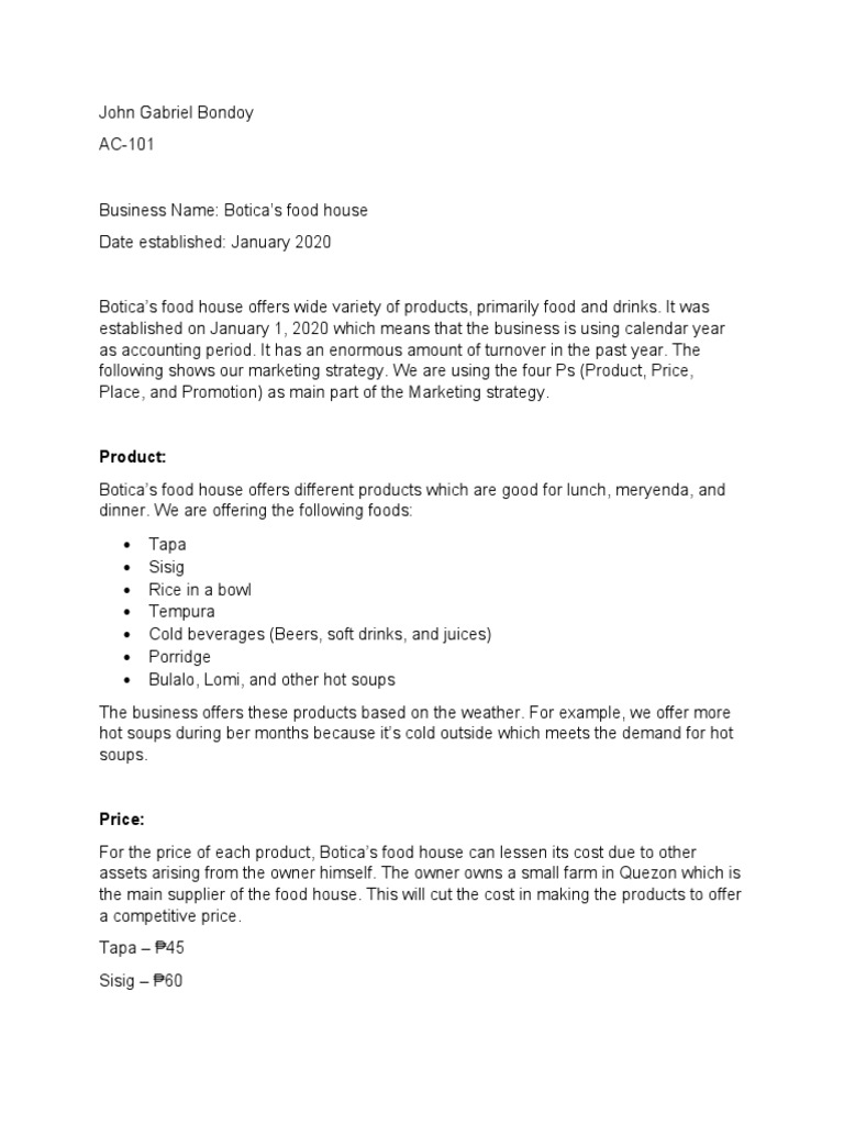 4Ps Marketing Strategy for Botica’s Food House | PDF