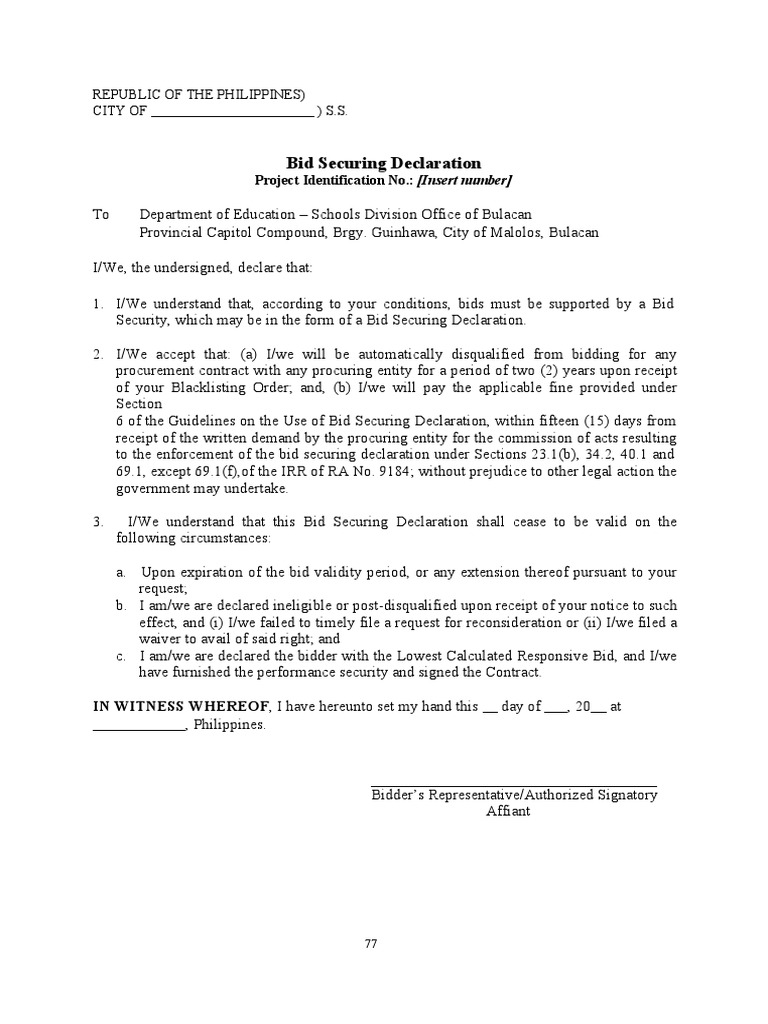 Bid Securing Declaration: Republic of The Philippines) City Of) S.S ...