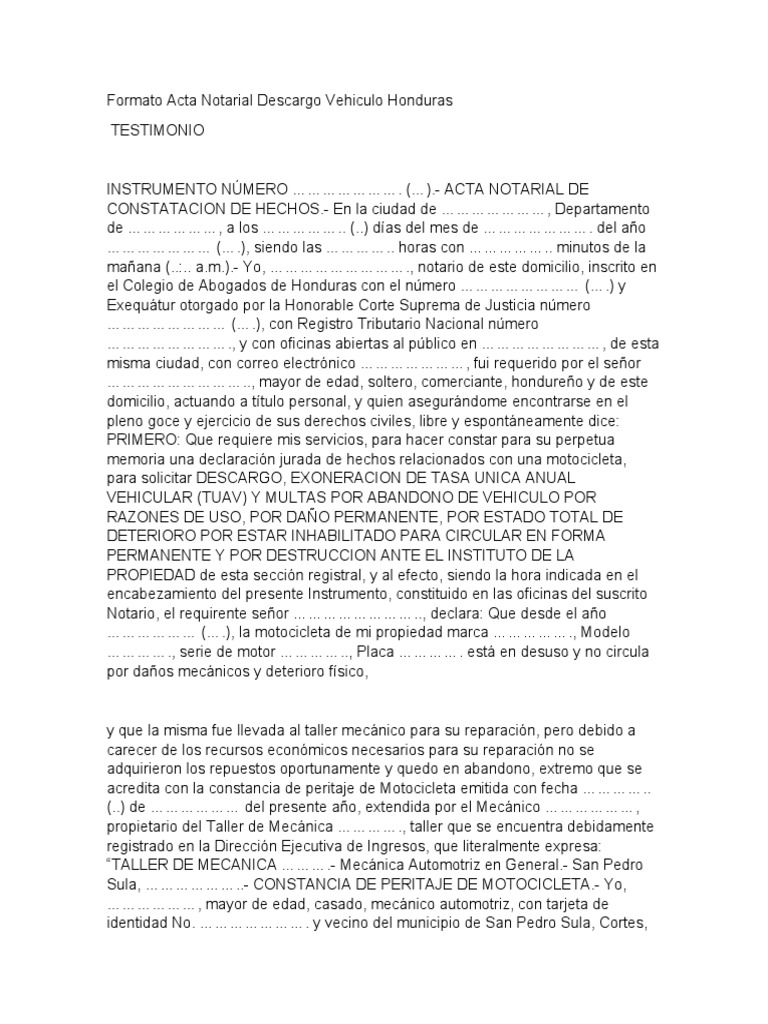 Acta Notarial Descargo Vehiculo Honduras | PDF | Science | Ciencia y ...