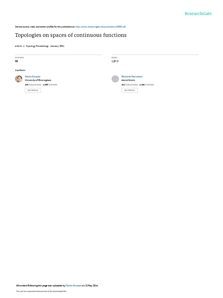 Topologies On Spaces of Continuous Functions | PDF | Compact Space | Continuous Function