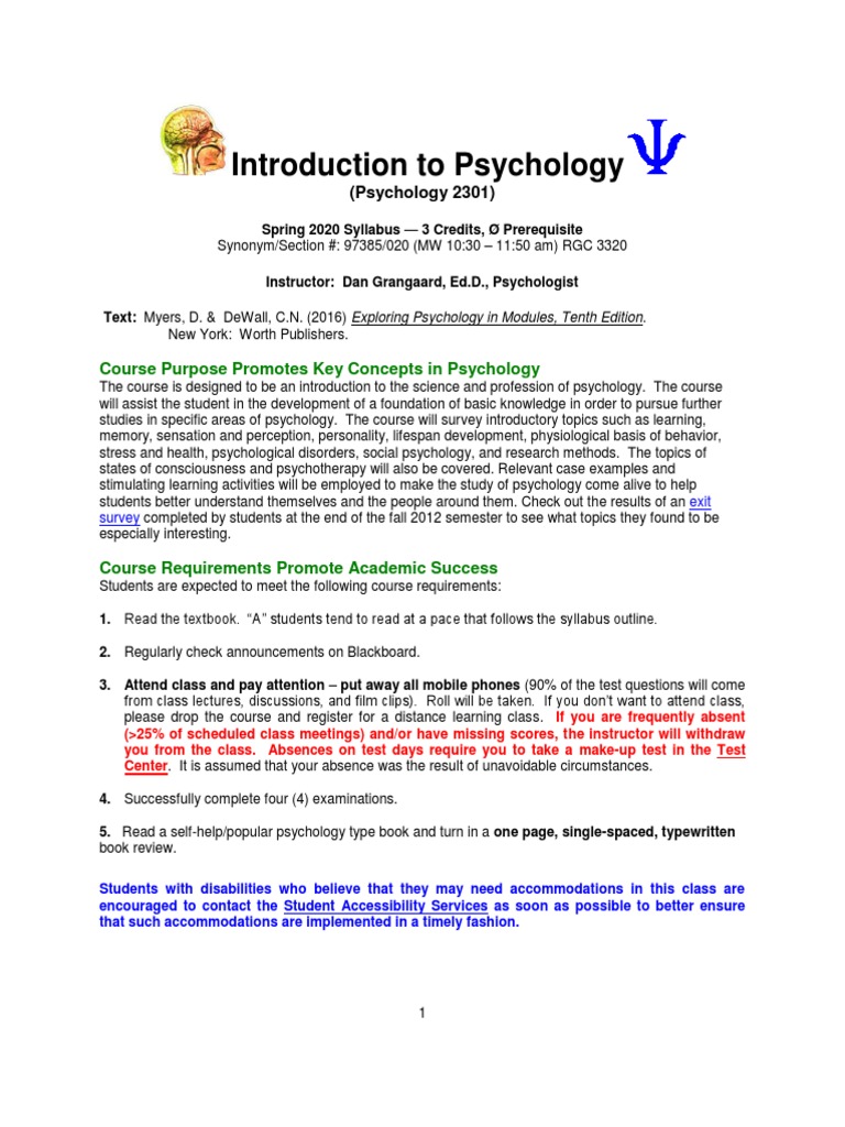 2301 Syllabus Introduction To Psych | PDF | Academic Dishonesty | Psychotherapy