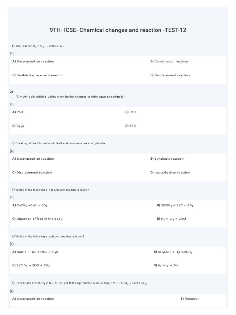 9th Icse Chemical Changes and Reaction Test 12 | PDF | Chemical ...