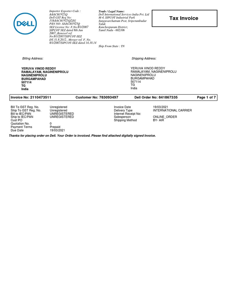 Dell GST Invoice for Vostro Notebook 3500 | PDF | Receipt | Invoice