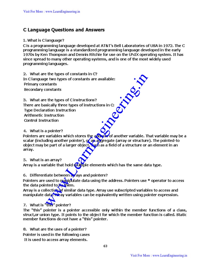 C Language Questions And Answers Visit For More Learnengineering Pdf Pointer