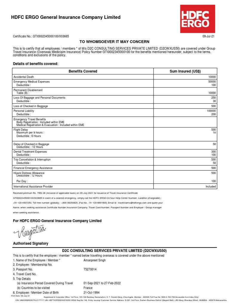 Group Travel Insurance Certificate for Employees of D2C CONSULTING ...