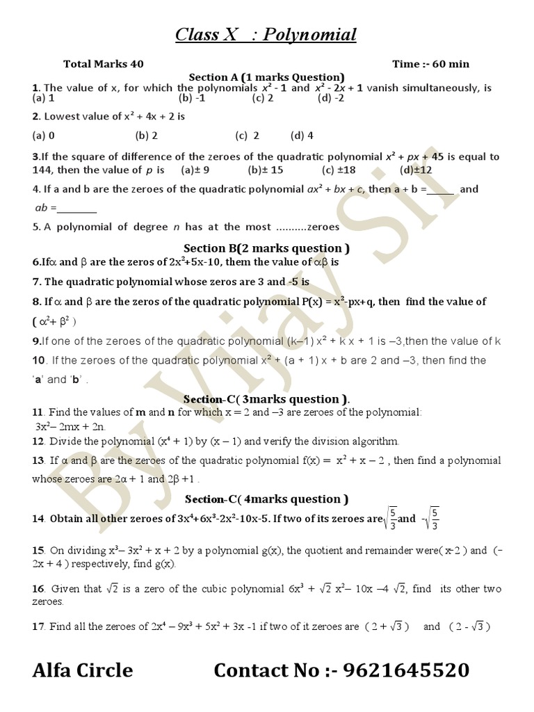 Class X: Polynomial: Alfa Circle Contact No:-9621645520 | PDF ...