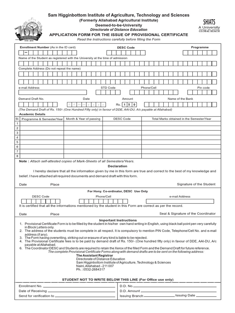 Provisional - Certificate Form | PDF