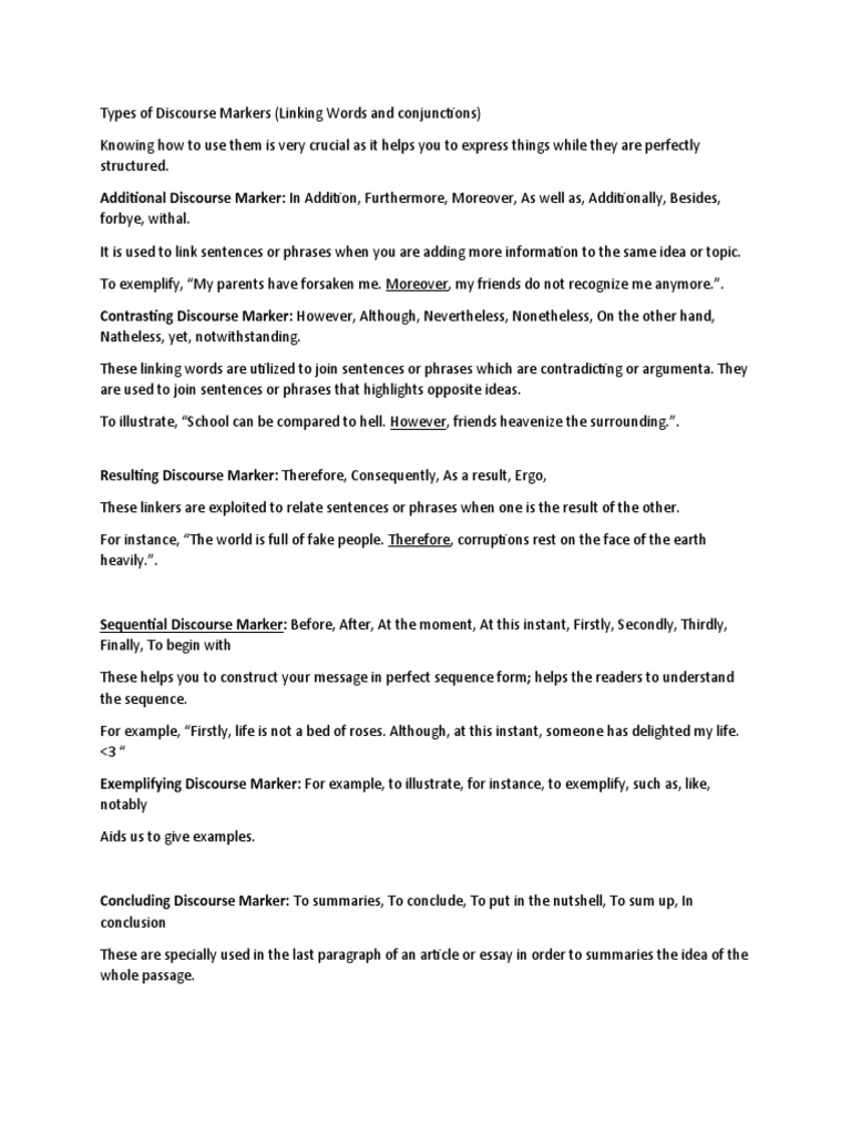 Types and Examples of Discourse Markers | PDF