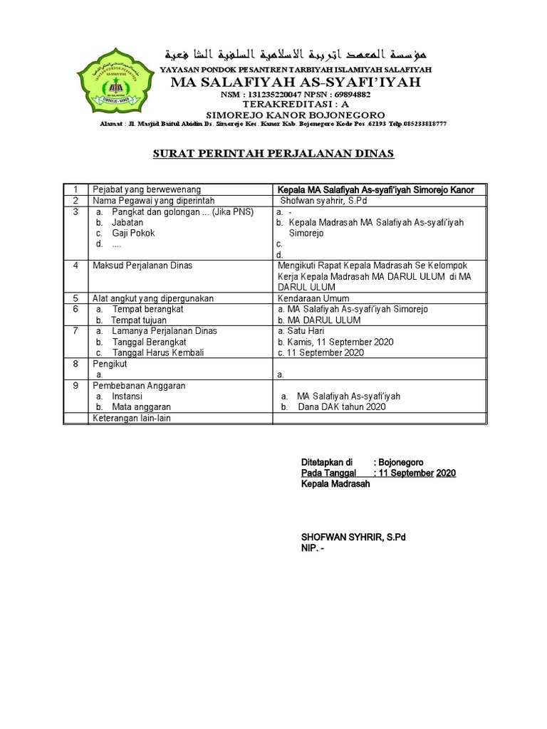 Format SPPD Surat Perintah Perjalanan Dinas Sekolah | PDF