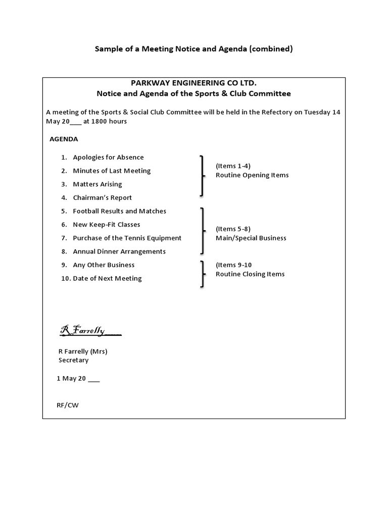Sample of A Notice and Agenda | PDF