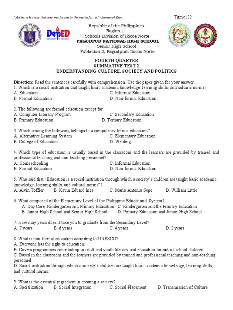 UCSP 636 Summative Test Questions | PDF | Primary Education | Human Rights