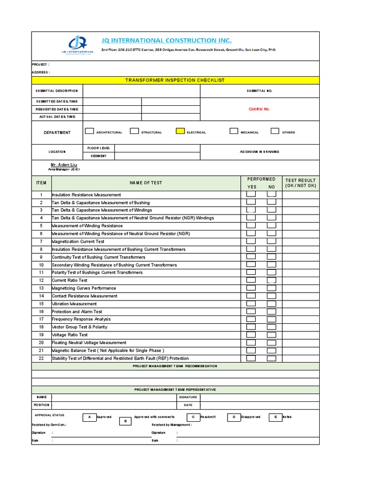 Transformer Inspection Checklist: Department | PDF | Transformer ...
