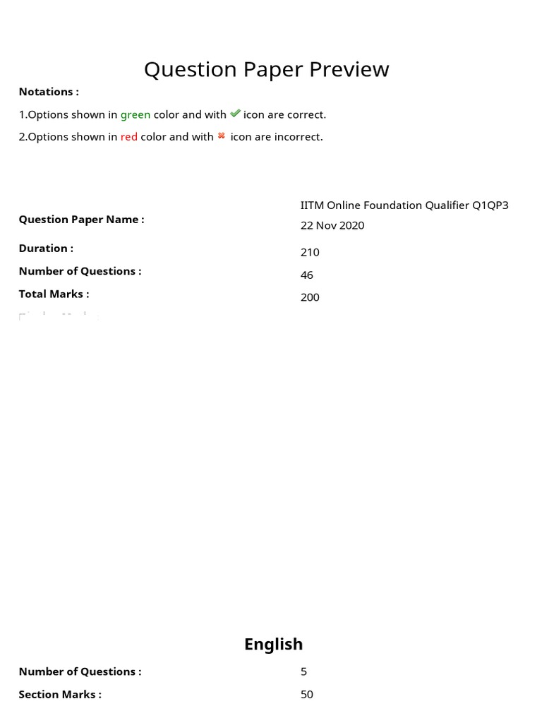 Question Paper Preview: IITM Online Foundation Qualifier Q1QP3 | PDF ...